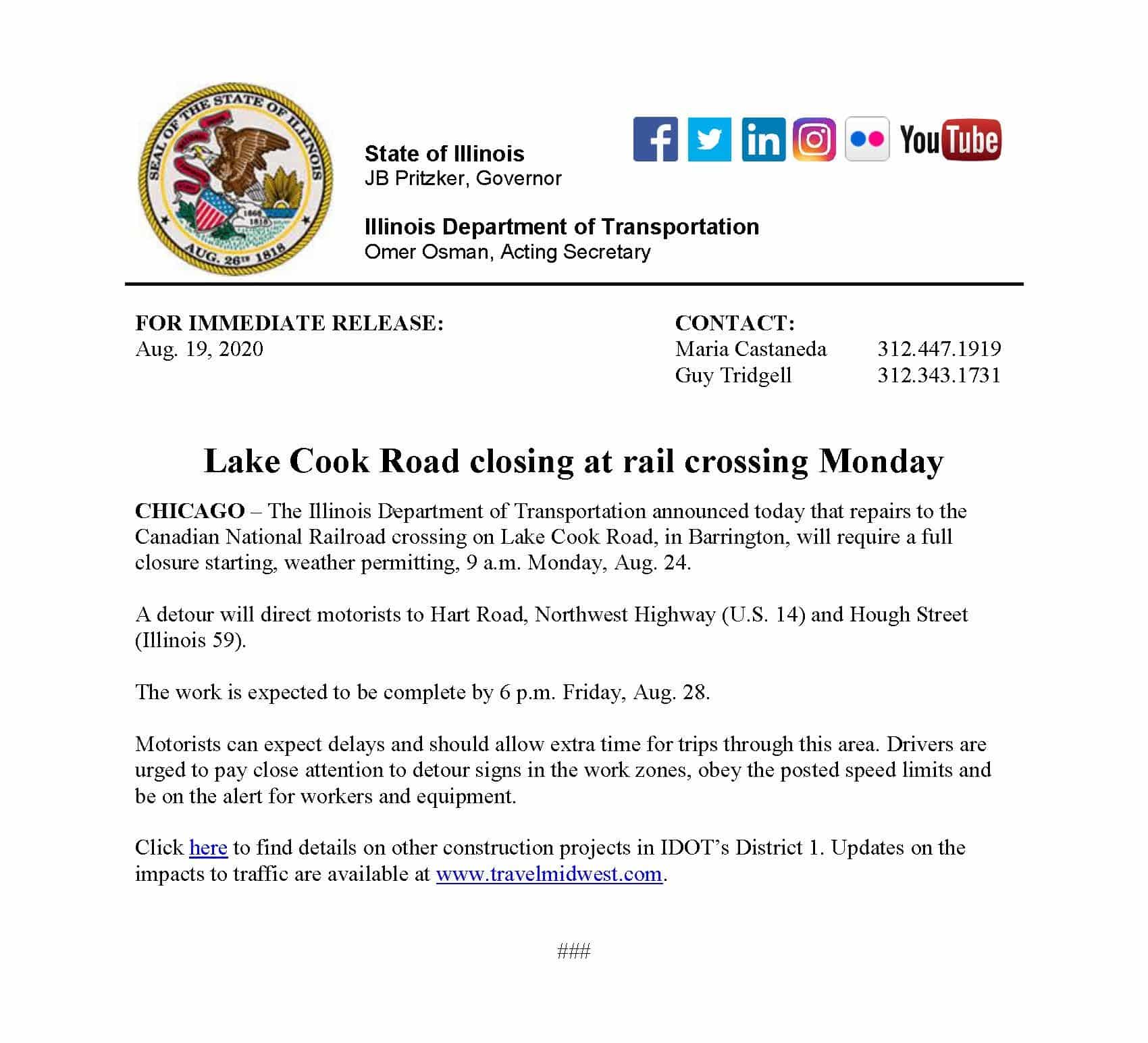 Lake Cook Road Closure Aug. 24th - Aug. 28th for RR Repairs - Village ...